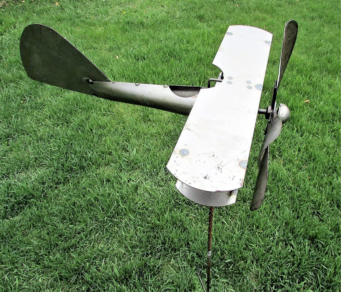 Heavy Duty Metal Bi Plane Airplane Spinner Propeller Yard Garden Stake ...