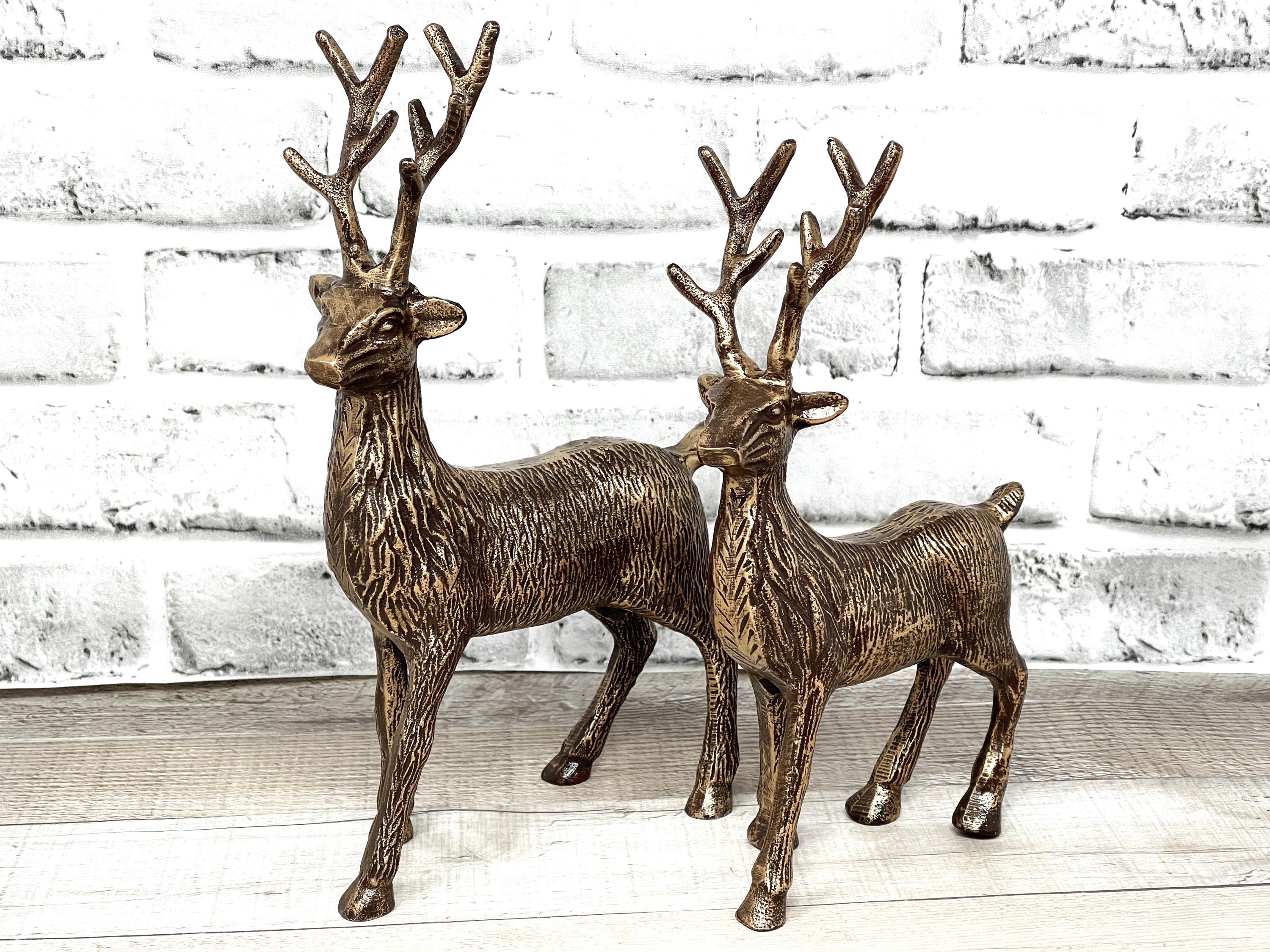 Set of 2 Hand Painted Dark Brown W/ Gold Accents Deer Buck Musk Statues ...