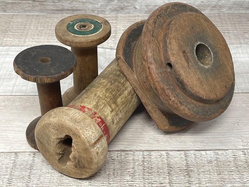 Set of 4 Assorted Vintage Wooden Industrial Textile Bobbins Spools Flat ...