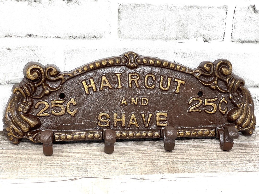 Cast Iron 13" Haircut & Shave Coat Rack Rustic Hand-painted Towel ...