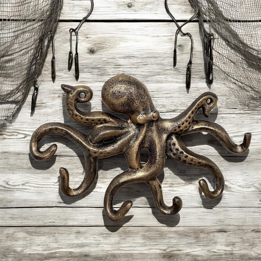 Cast Iron 9" Black W/ Gold Accents Hand Painted Octopus 7 Small Hooks ...