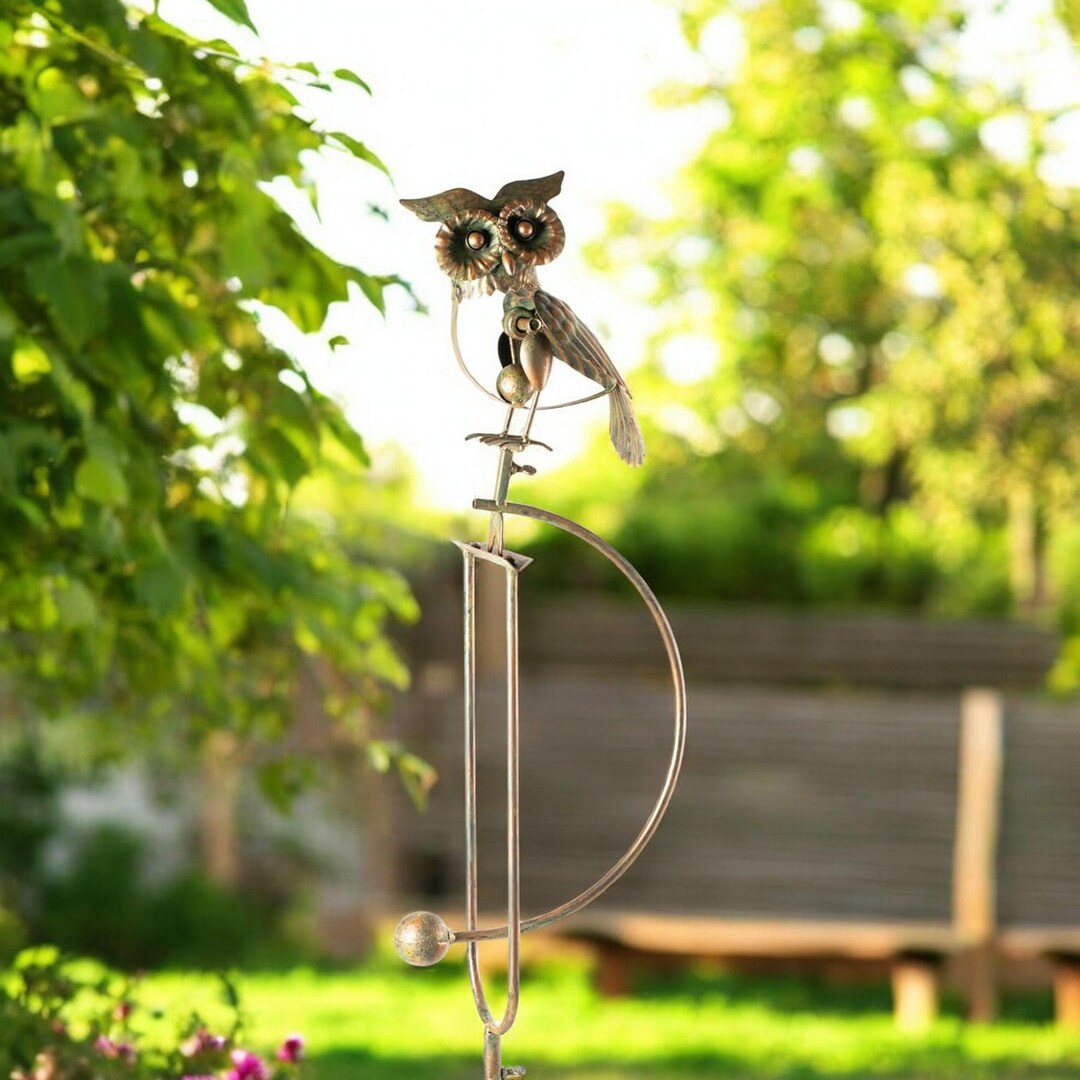 Kinetic Metal Green and Bronze Owl Yard Stake Wind Spinner Rocker ...