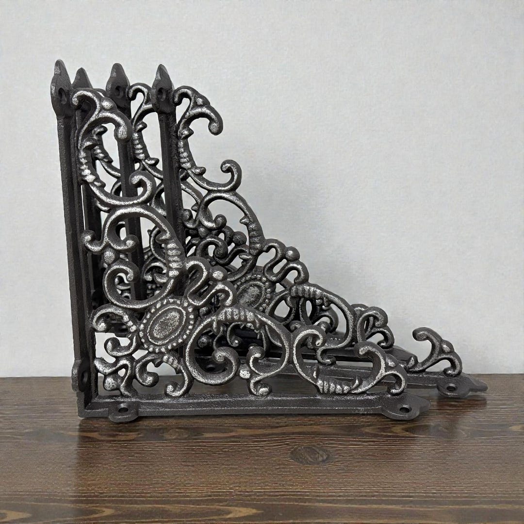 Set of 4 Hand Painted Cast Iron 8" X 8" Shelf Brackets Black W/ Silver ...