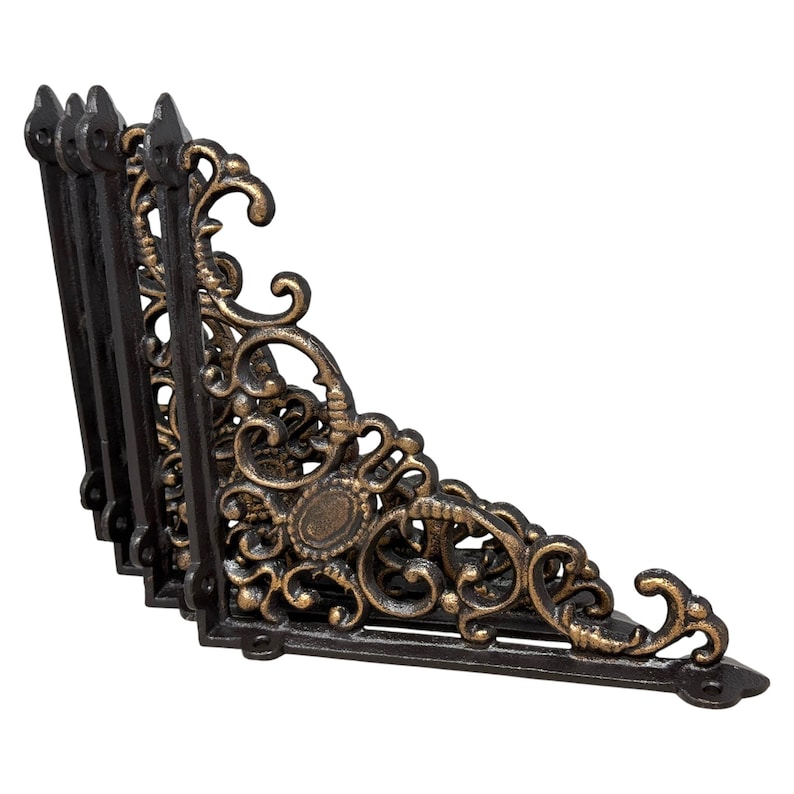 4 Hand Painted Cast Iron 8" X 8" Shelf Brackets Black W/gold Accents - Etsy