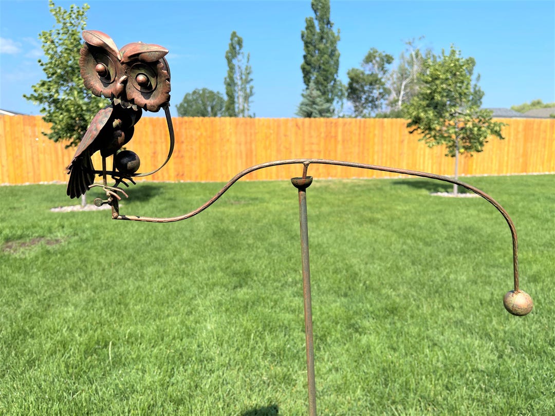 Kinetic Metal Bronze and Green Olga Owl Yard Stake Wind Spinner Rocker ...