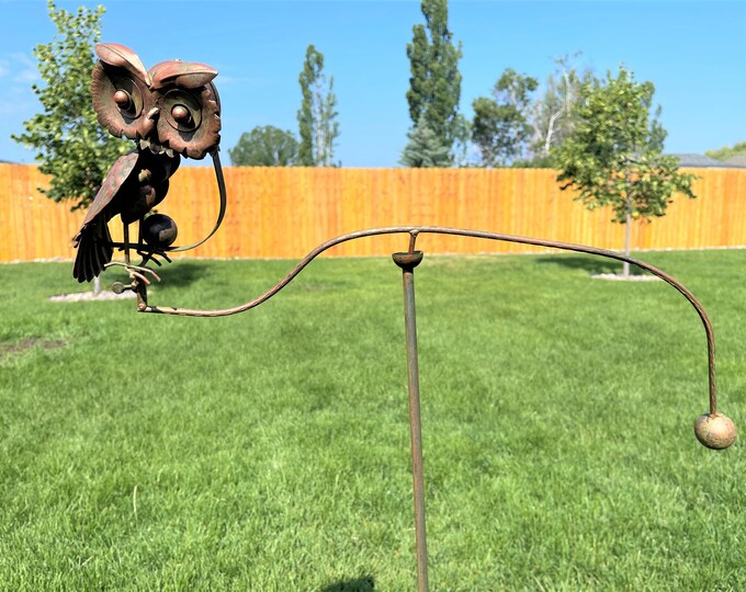 Kinetic Metal Bronze and Green Olga Owl Yard Stake Wind Spinner Rocker ...
