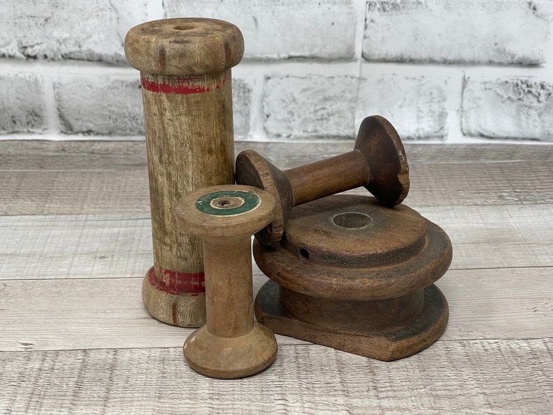 Set of 4 Assorted Vintage Wooden Industrial Textile Bobbins Spools Flat ...