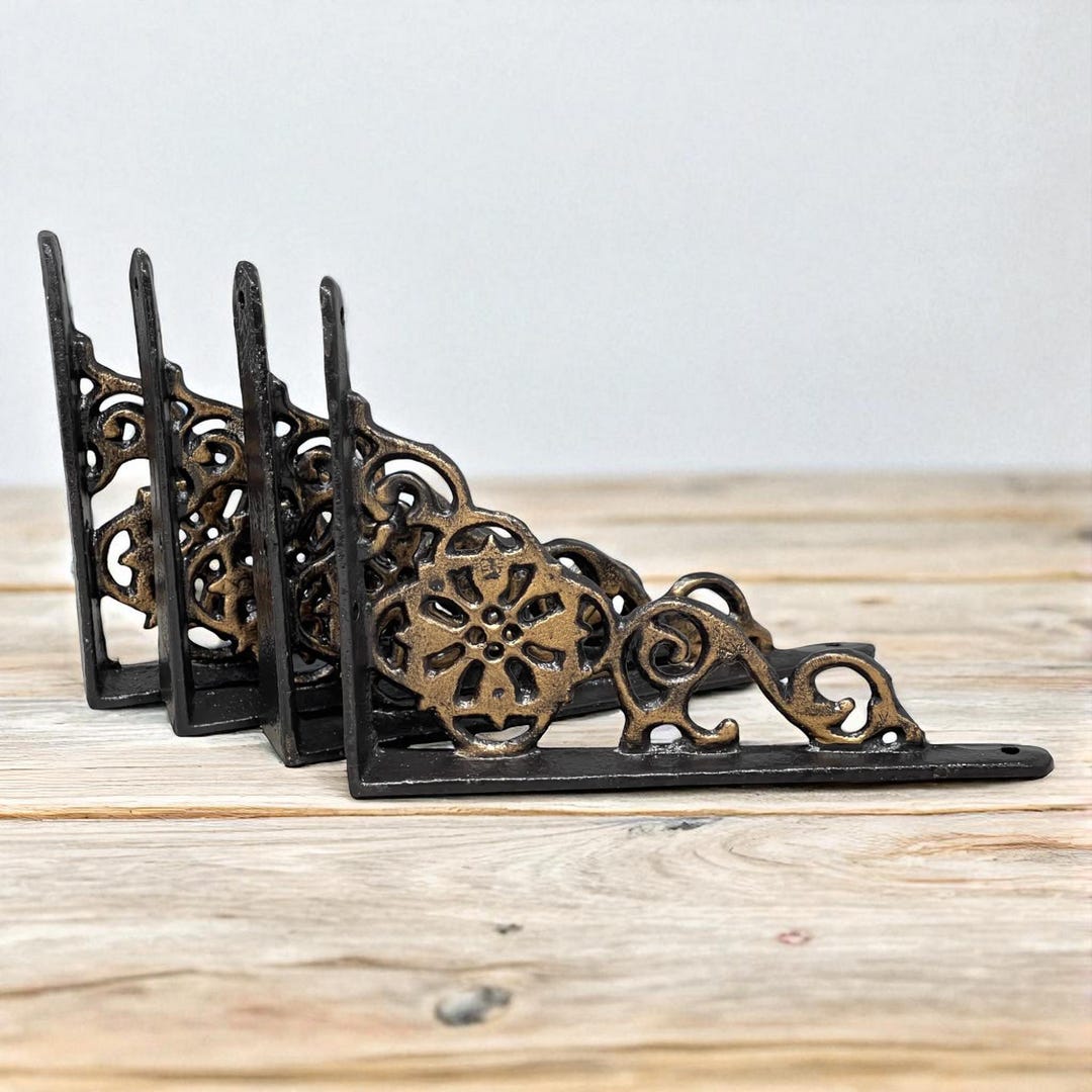 Set of 4 Hand Painted Cast Iron Shelf Brackets, Black and Gold - Etsy