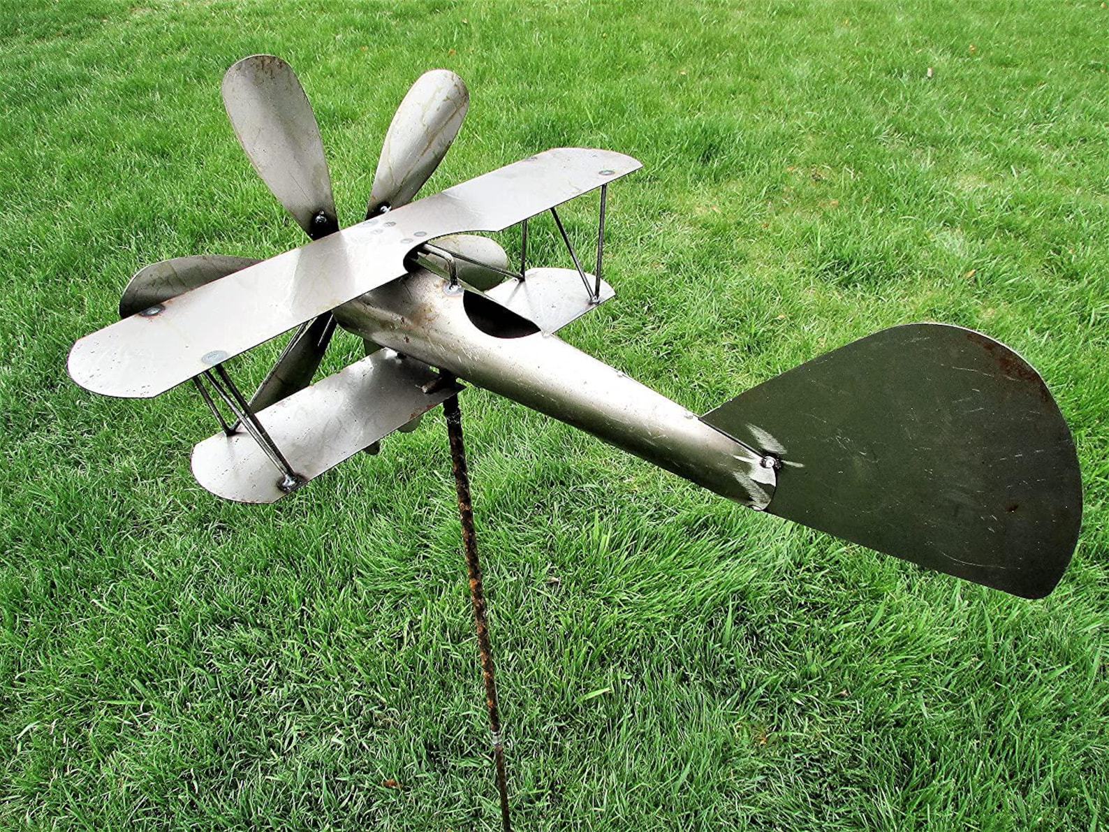 Heavy Duty Metal Bi Plane Airplane Spinner Propeller Yard Garden Stake ...