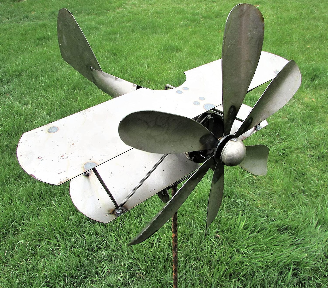 Heavy Duty Metal Bi Plane Airplane Spinner Propeller Yard Garden Stake ...