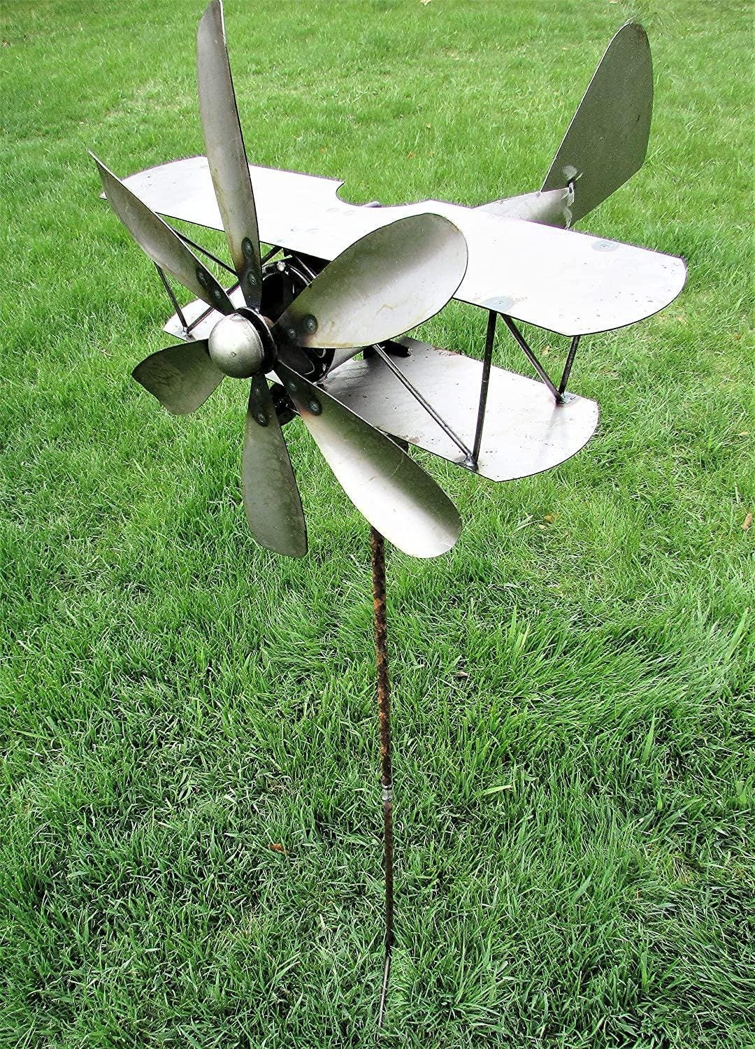 Heavy Duty Metal Bi Plane Airplane Spinner Propeller Yard Garden Stake ...