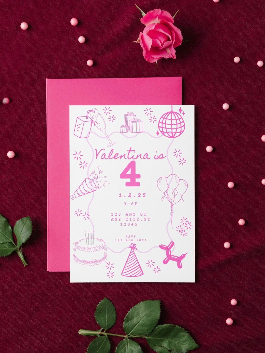 Pink Doodle Birthday Invitation: Modern Party Card (digital Download ...