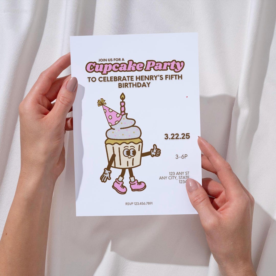 Vintage Theme Pink Cupcake Party Birthday Invitation Template | Modern ...