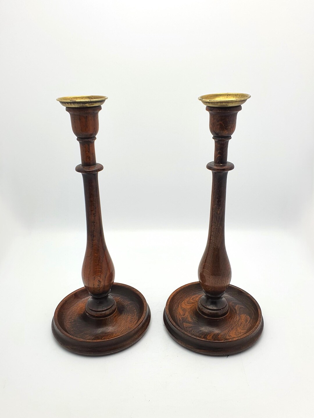 Antique Oak and Brass Candlesticks, Vintage Wooden Candle Holders, Pair ...