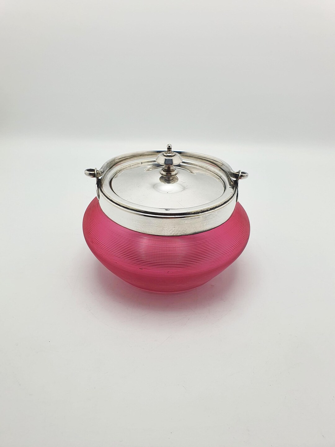 Nice Antique Edwardian Cranberry Glass Biscuit Barrel With Silver ...