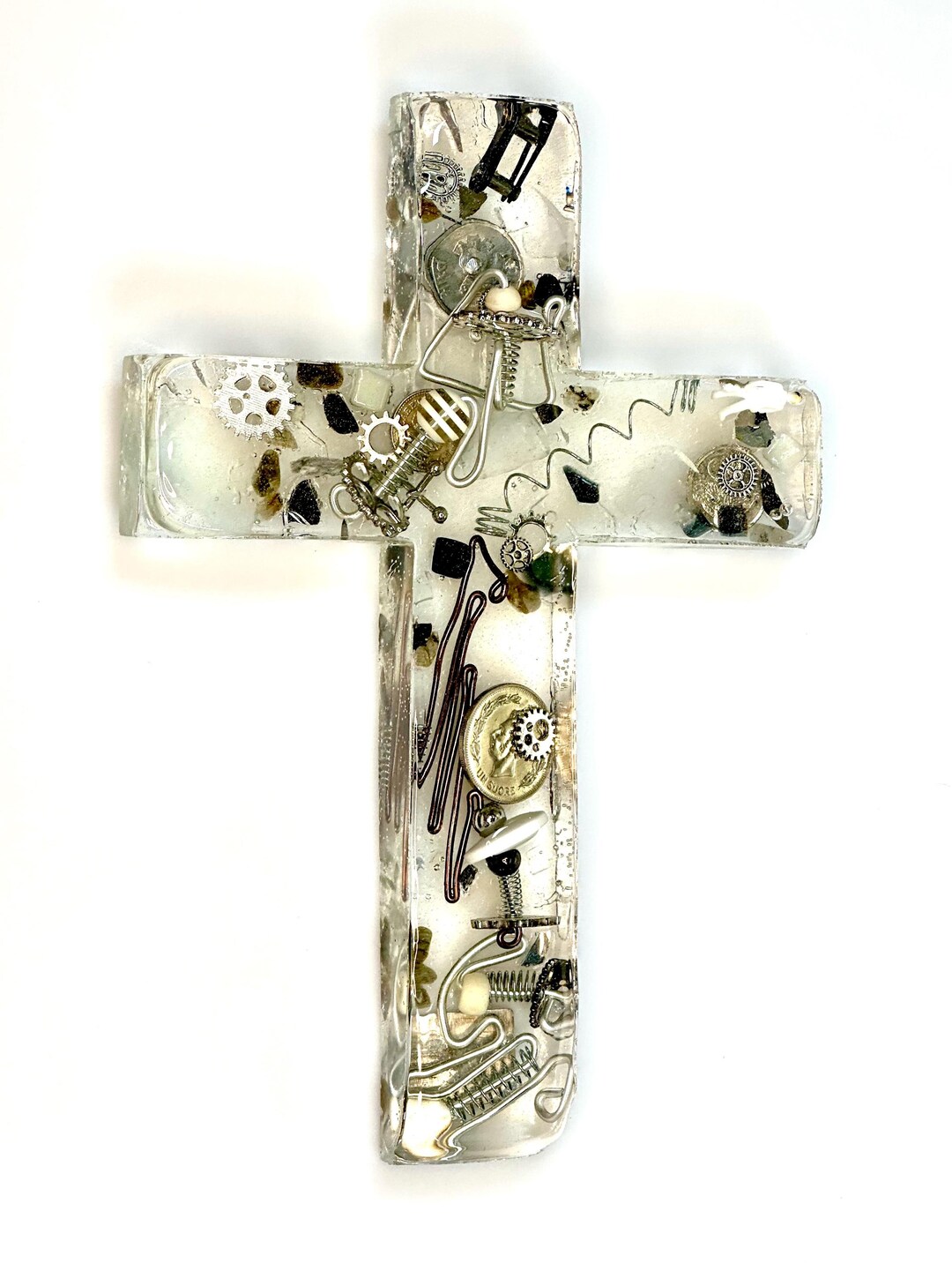 Silver Wall Cross Handmade With Glass, Metal, Resin, Ceramic, and Wood ...