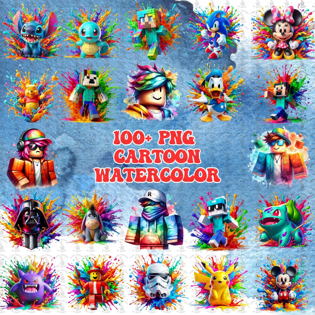 Cartoon Watercolor Characters PNG Bundle 100 Clipart Files for T-shirts ...