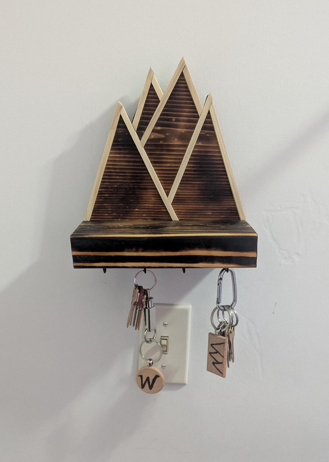 Handcrafted Wooden Wall-mounted Key Organizer With Shelf, Burnt Wood ...