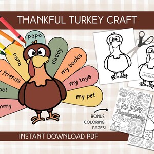 Thankful Turkey Thanksgiving Craft and Coloring Pages - Kids Gratitude ...