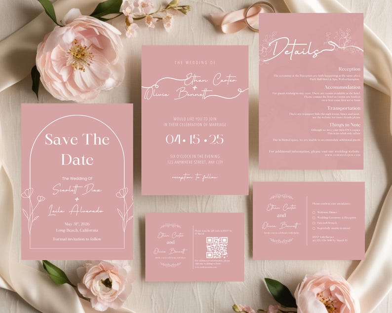 Dusky Pink Wedding Invitation Bundle: Editable Canva Template (digital ...