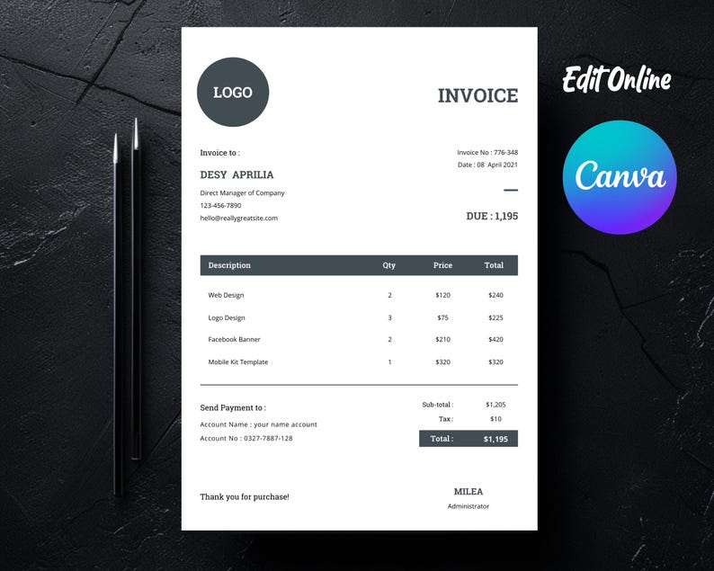 Editable Invoice Template Minimalist Business Invoice Boho Client Invoice Small Business ...