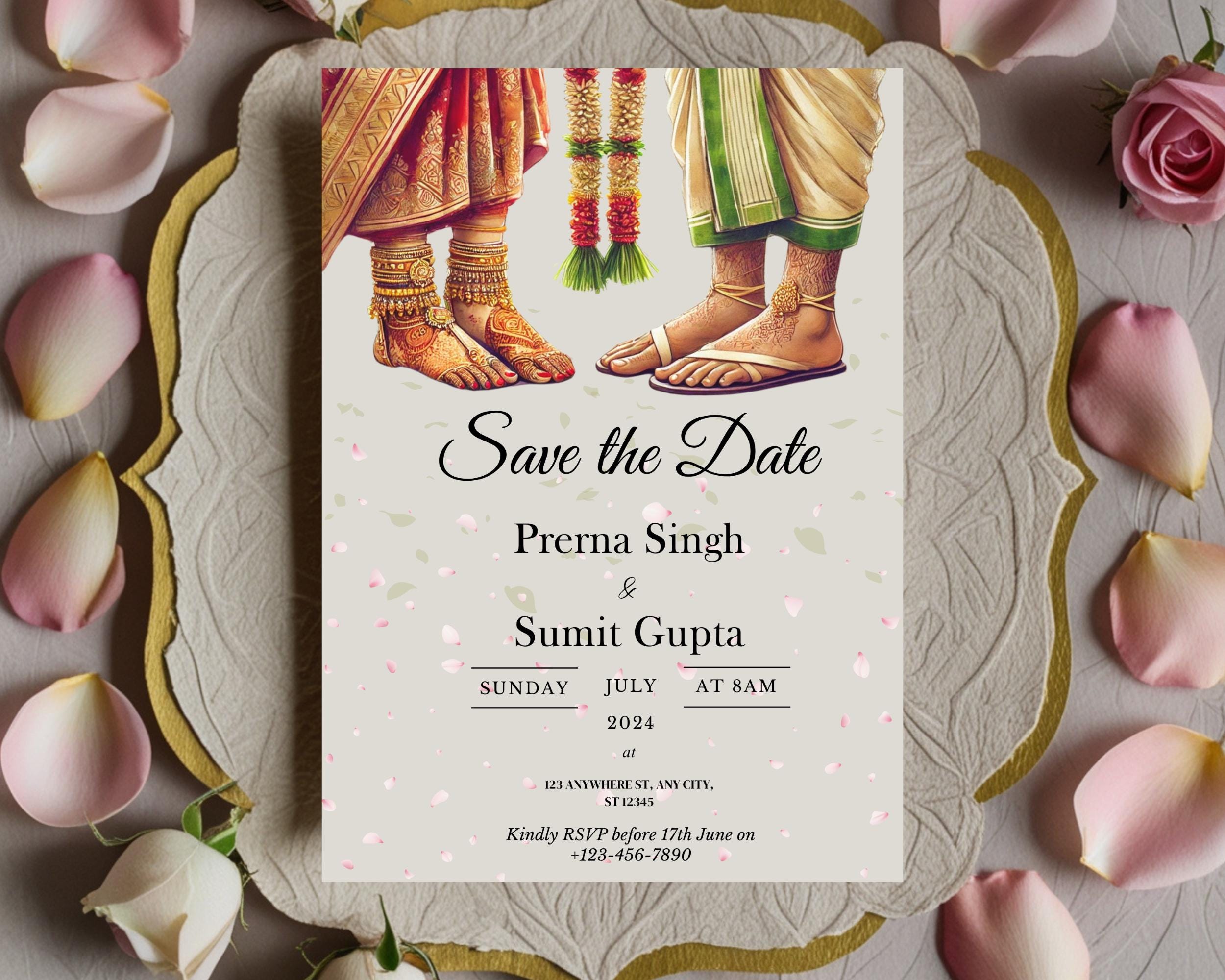 Elegant Indian Save the Date Template: Customizable Wedding Invitation ...
