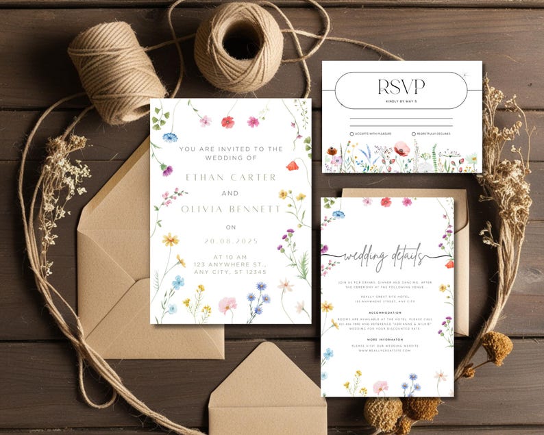 Floral Wedding Invitation Set: Editable Wildflower Template (digital ...