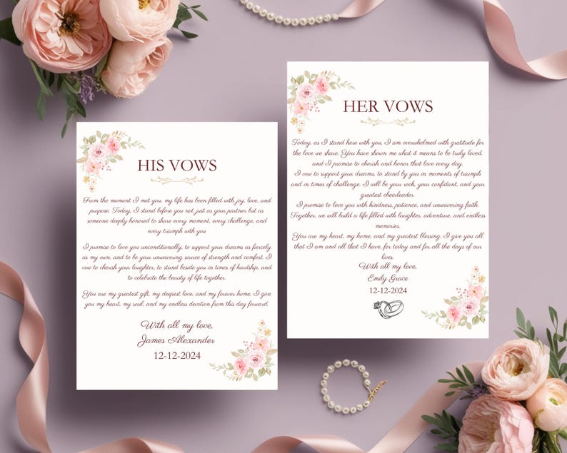 Editable Wedding Vows Template: His & Hers Keepsake (digital Printable ...