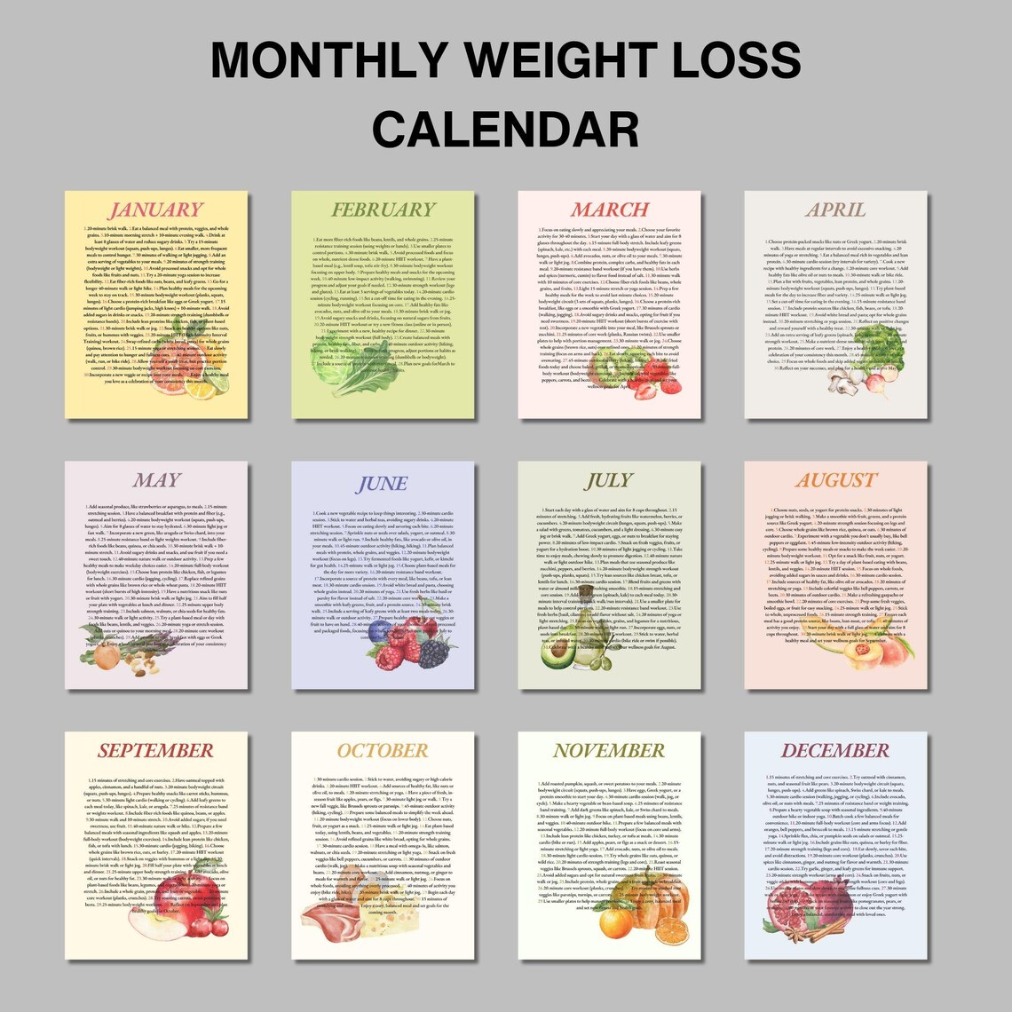 Monthly Weight Loss Calendar, Printable Wall Calendar, Self Care ...