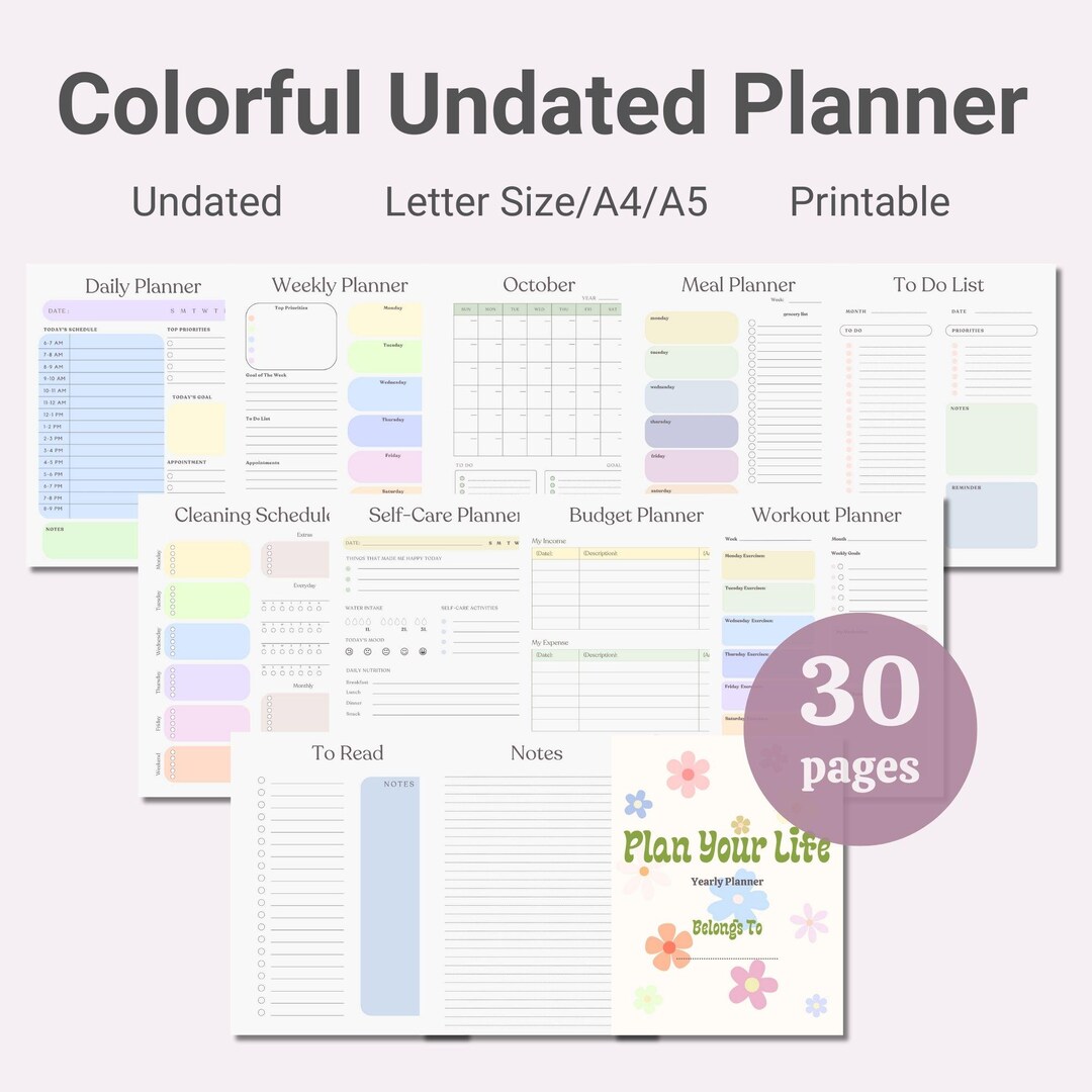 Colorful Undated Planner Bundle: Daily, Weekly, Monthly (PDF) - Etsy