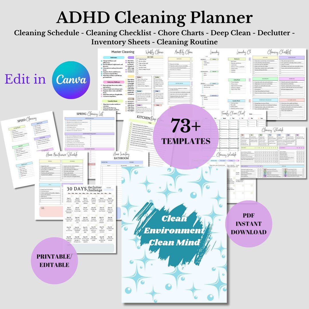 ADHD Editable Cleaning Checklist Bundle, Ultimate ADHD Cleaning Planner ...