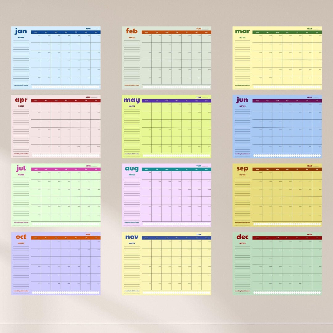 Colorful Monthly Undated Wall Calendar, Printable Undated Wall Planner ...