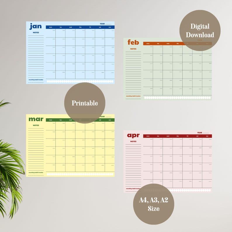 Colorful Monthly Undated Wall Calendar, Printable Undated Wall Planner ...