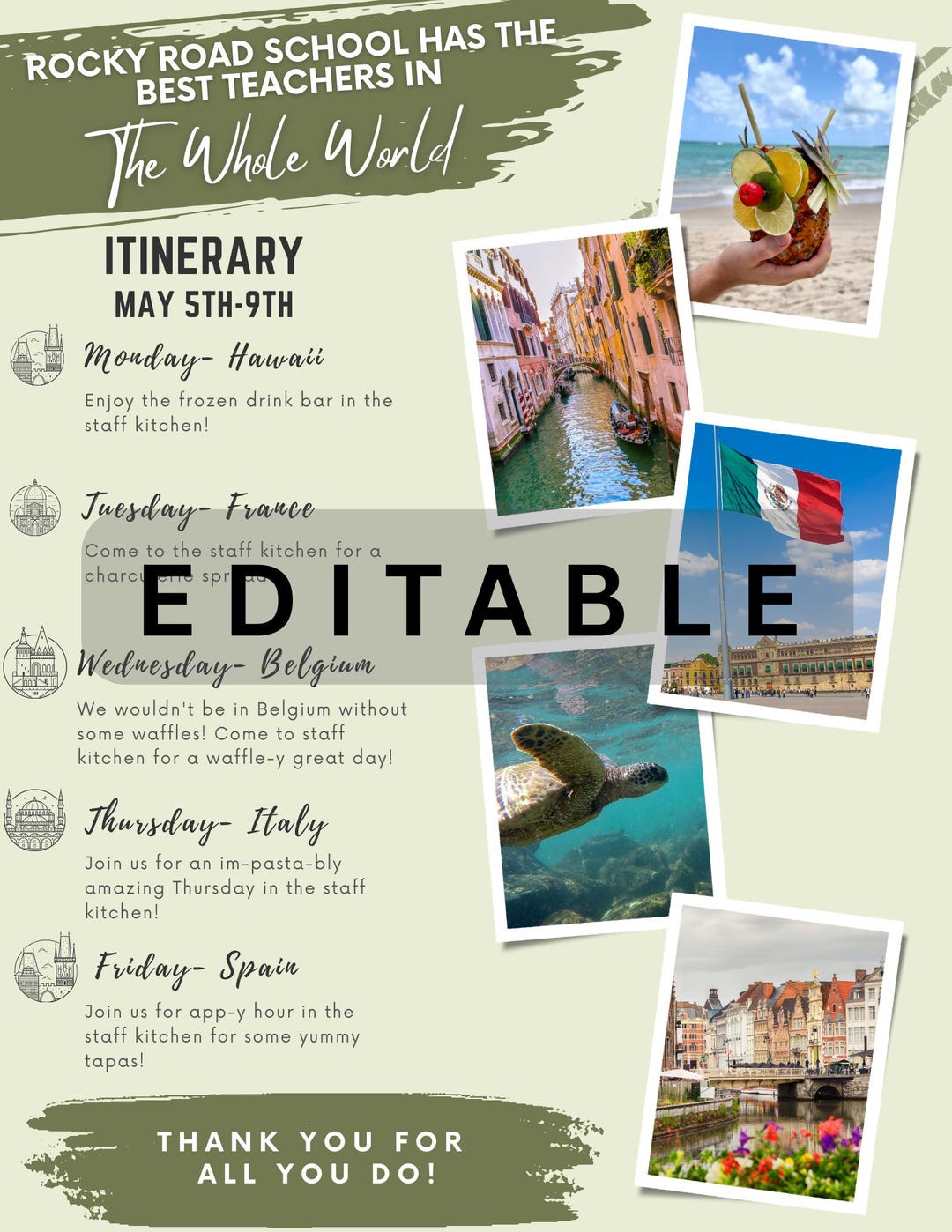 Around the World Teacher Appreciation Week Itinerary Template (editable ...