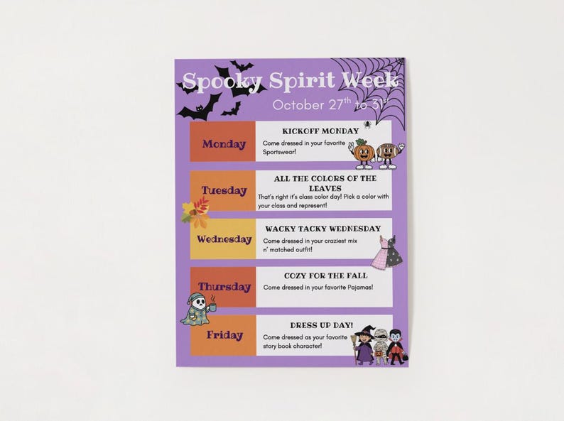 Spooky Spirit Week Template – Editable School Spirit Days for Fall ...