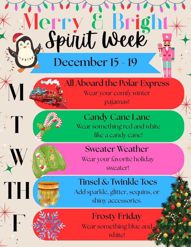 Merry & Bright Spirit Week Template | Holiday Spirit Week Flyer ...