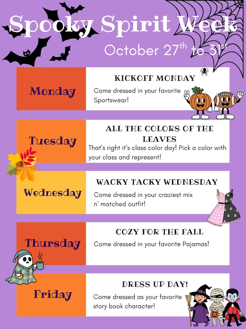 Spooky Spirit Week Template – Editable School Spirit Days for Fall ...