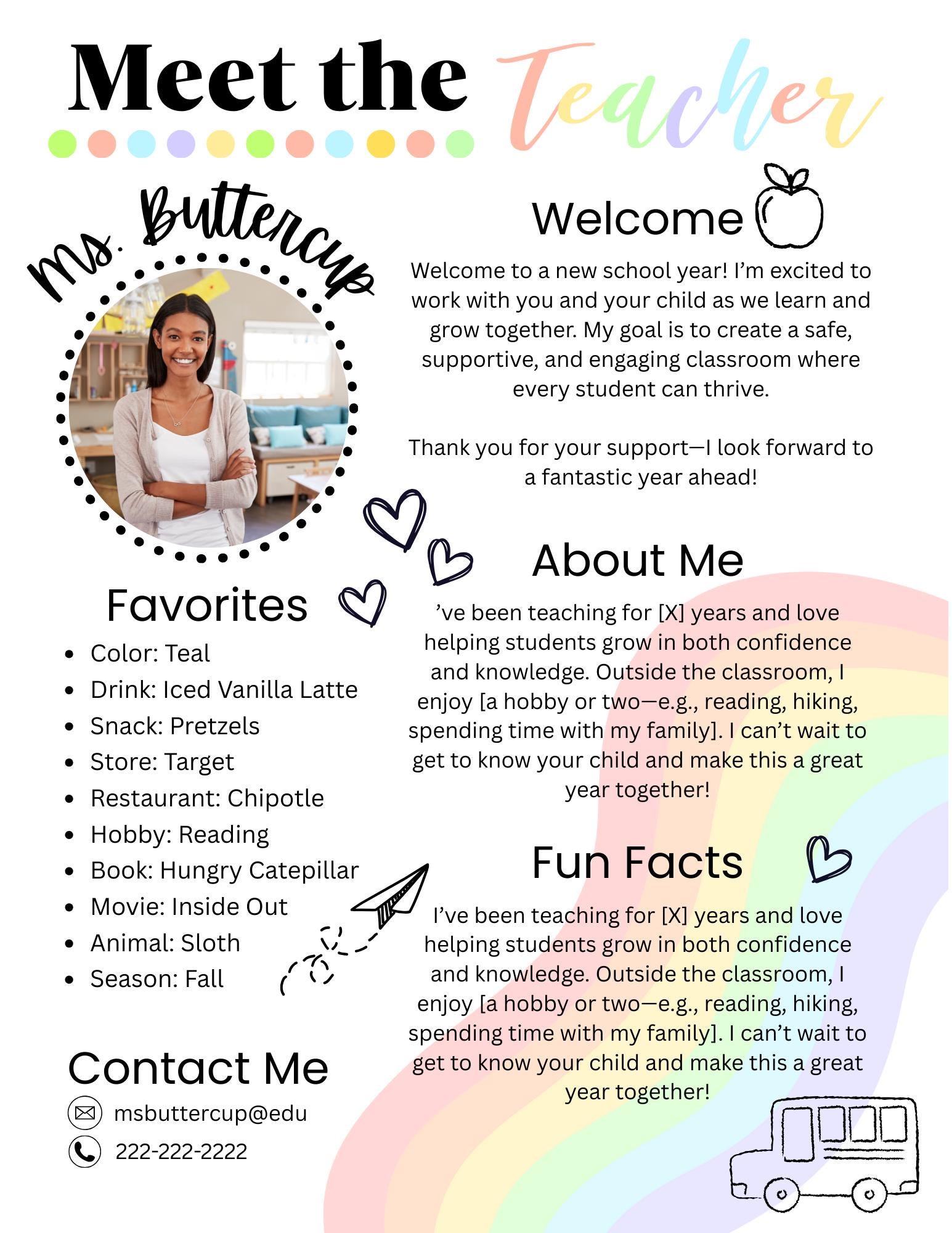 Rainbow Meet the Teacher Template: Editable Back to School (canva ...