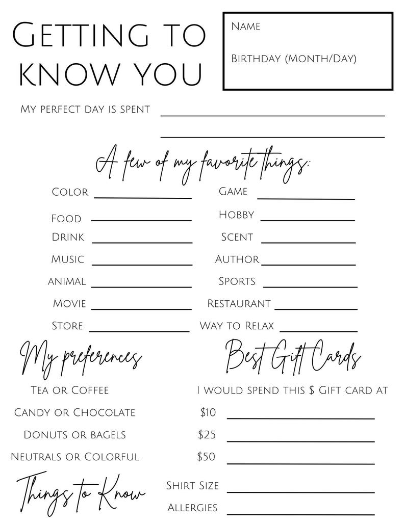 Getting to Know You Handout Questionnaire, All About Me, Staff Morale ...