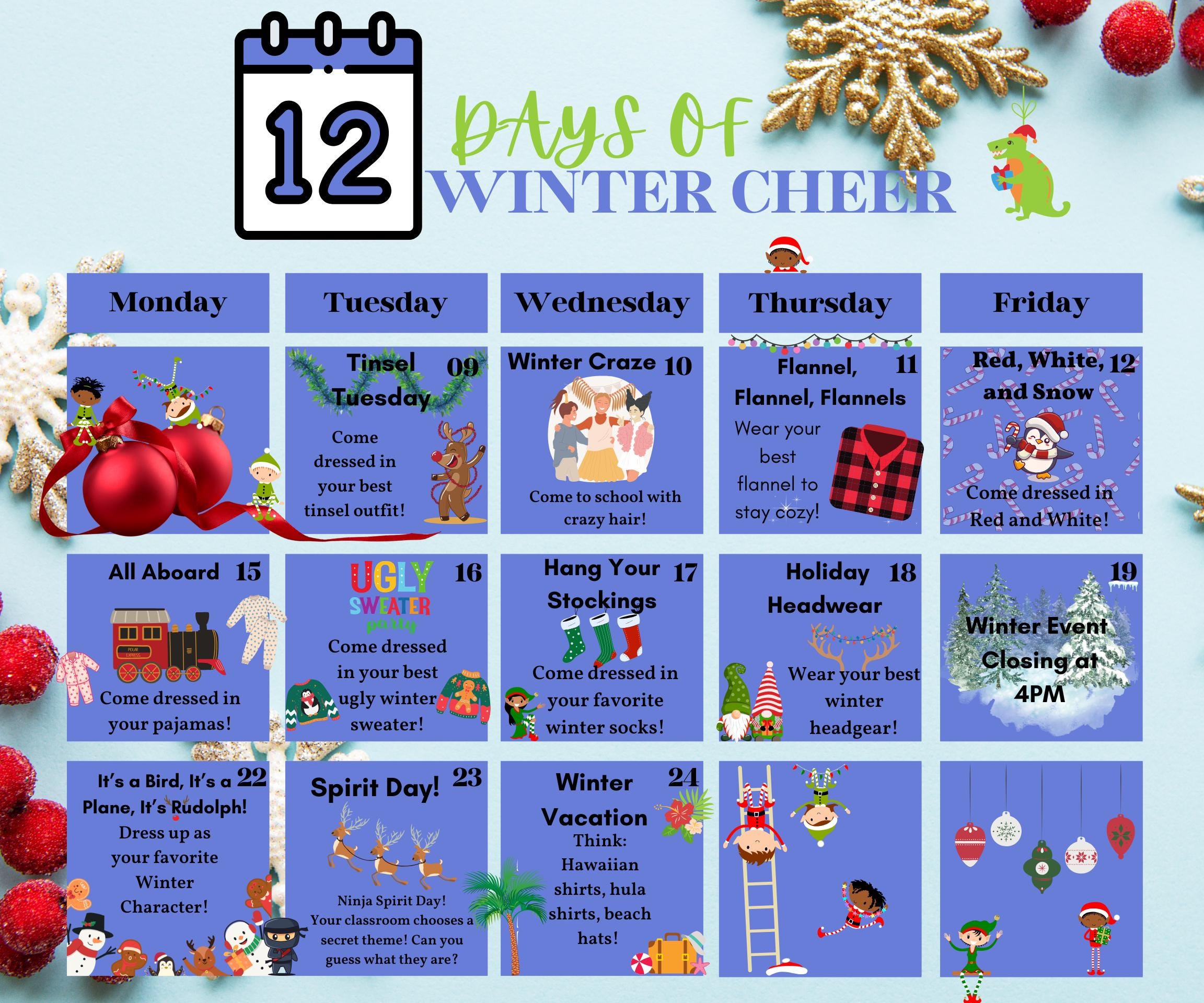 12 Days of Winter Cheer Template: School Spirit Week (canva Editable ...