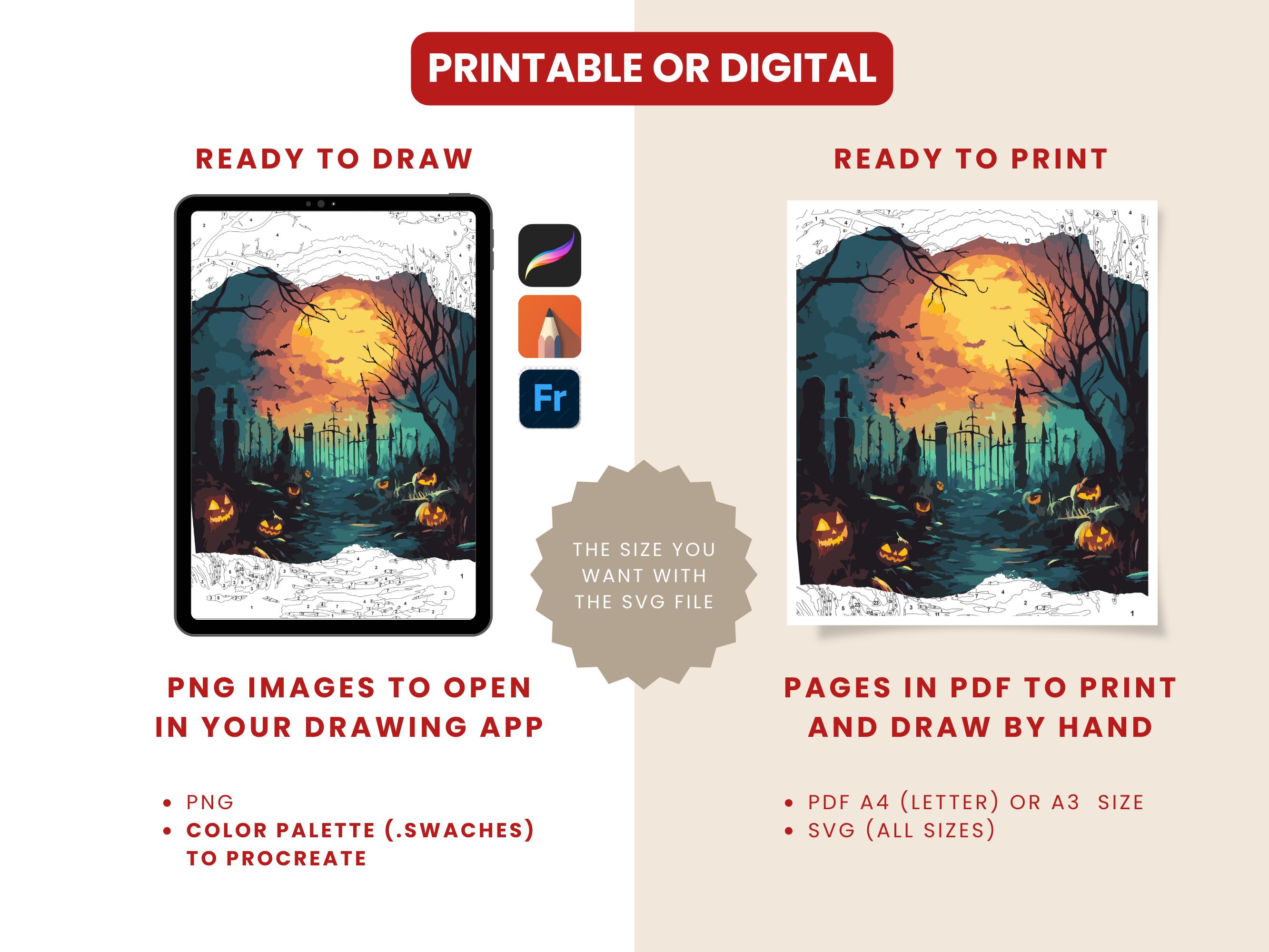 Color by Number Halloween Coloring Pages "the Horror Gate" | Hard Paint ...