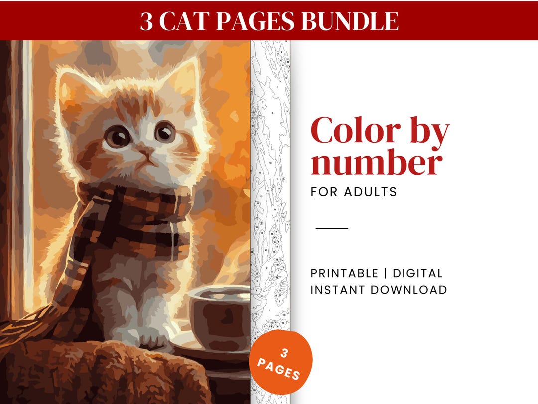 3 Cat Color by Numbers Bundle | Digital & Printable Coloring Pages for ...