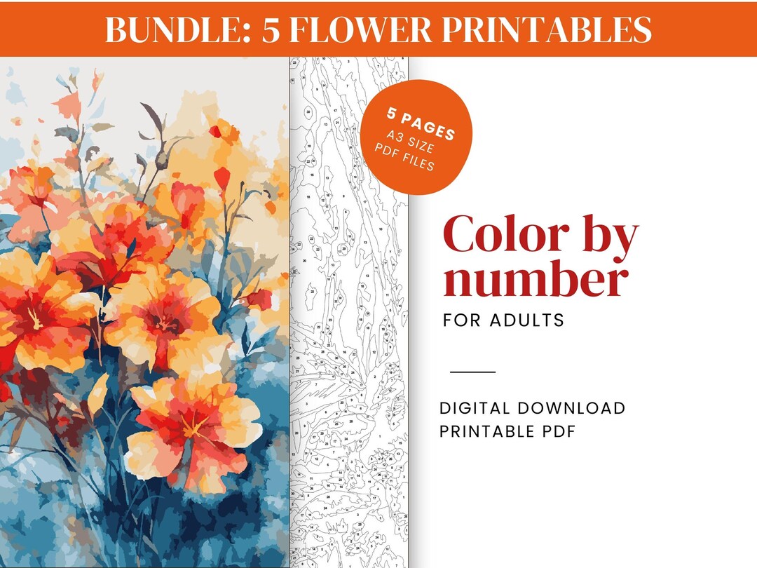 Floral Color by Number: 5 Flower Printable Pages (PDF Instant Download ...