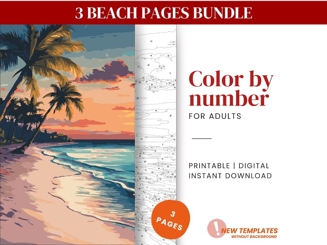 3 Beach Color by Number for Adults Pages, Paint by Numbers Bundle ...