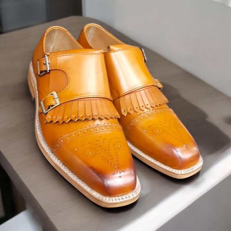 Vintage Style Tan Leather Double Monk Strap Shoes, Brogue, Fringe ...