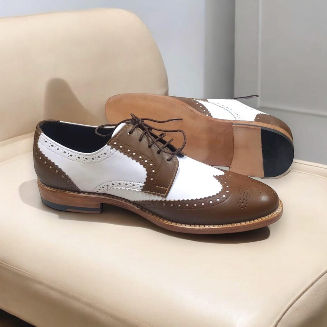Mens Two-tone Leather Brogues Brown & White Wingtip Oxfords ...