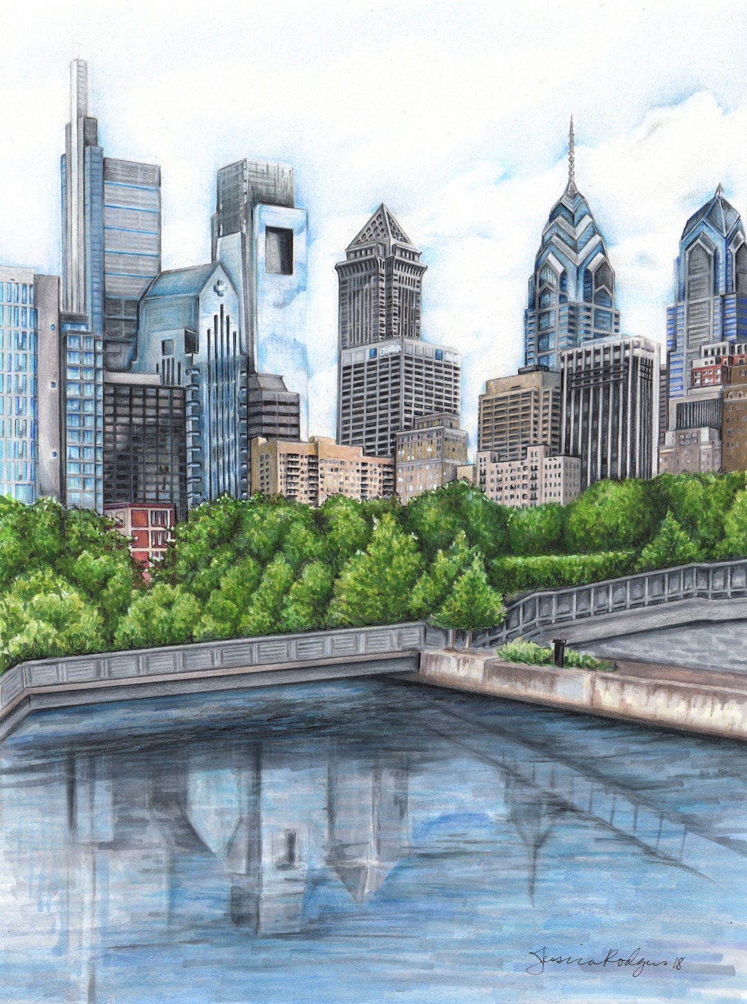 High End Art Print of a Pencil Illustration of the Philly Skyline ...
