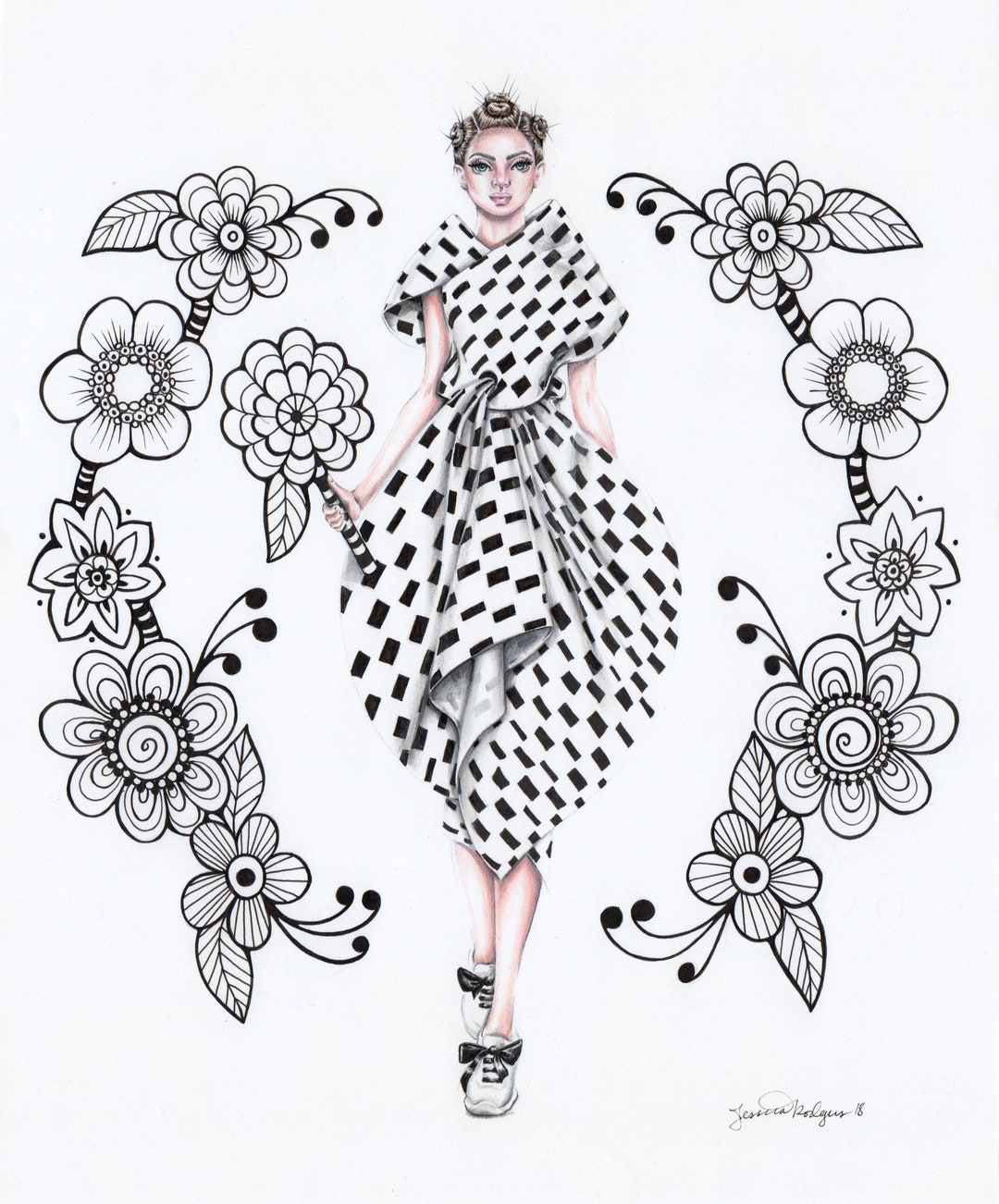 Original Pencil and Marker Fashion Illustration of a Design Geometric ...