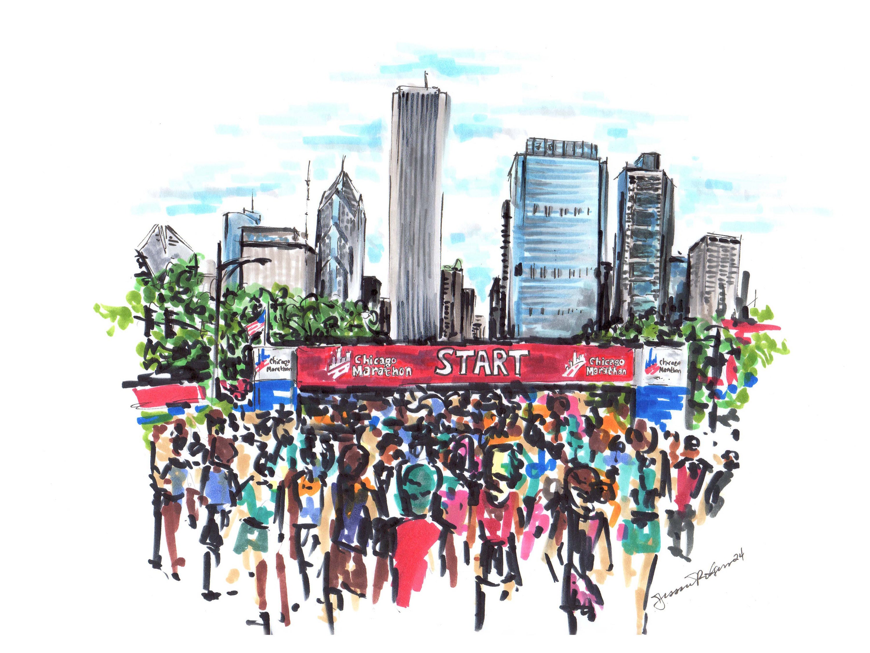 Original Marker Illustration of the Chicago Marathon Start Line and ...