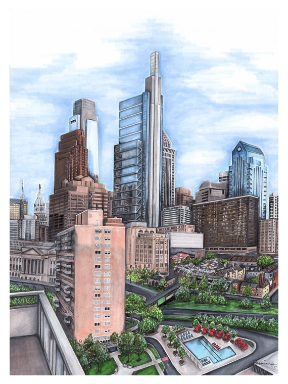 Art Print of Pencil and Marker Illustration of Philly Skyline | Etsy